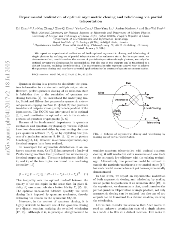 (PDF) Experimental realization of optimal asymmetric cloning and telecloning via partial ...