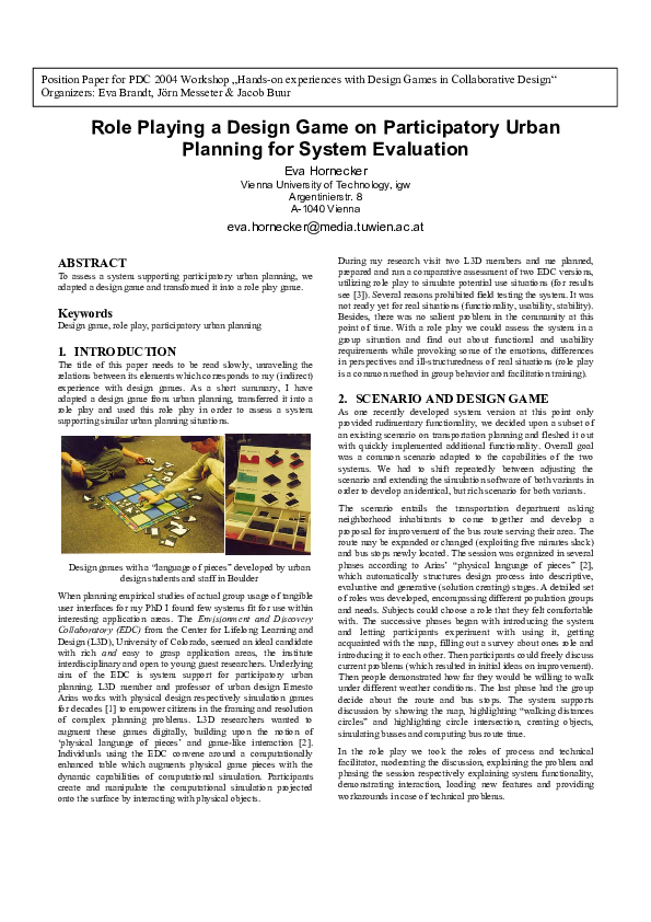 (PDF) Role Playing a Design Game on Participatory Urban Planning for ...