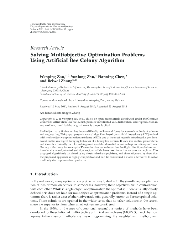 (PDF) Solving Multiobjective Optimization Problems Using Artificial Bee Colony Algorithm