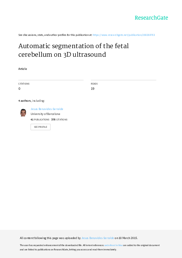 (PDF) Automatic segmentation of the fetal cerebellum on 3D ultrasound.