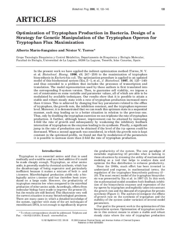 Pdf Optimization Of Tryptophan Production In Bacteria Design Of A