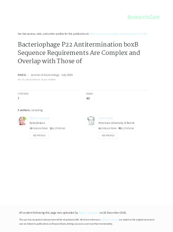 (PDF) Bacteriophage P22 antitermination boxB sequence requirements are ...
