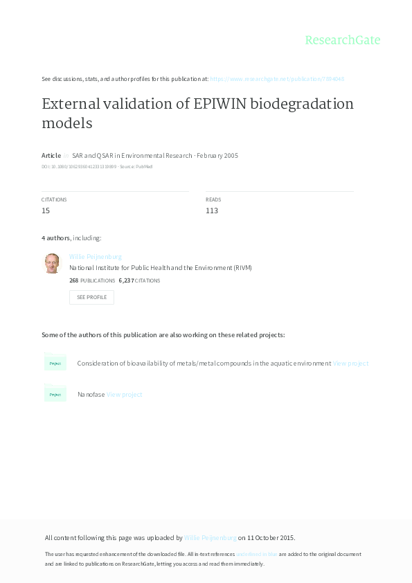 (PDF) External validation of EPIWIN biodegradation models