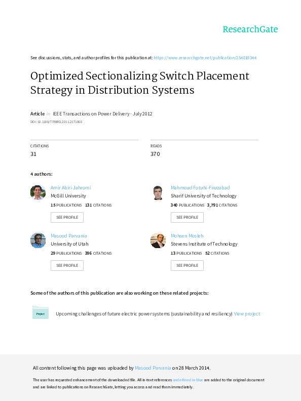 (PDF) Optimized Sectionalizing Switch Placement Strategy in Distribution Systems