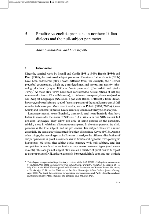 (PDF) Proclitic vs enclitic pronouns in northern Italian dialects and ...