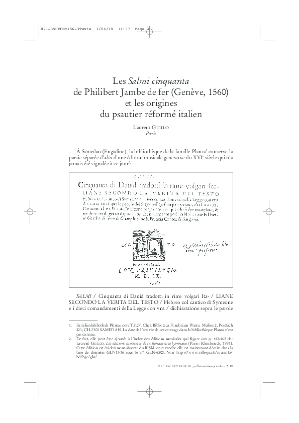 (PDF) Les Salmi cinquanta de Philibert Jambe de fer (Genève, 1560) et ...