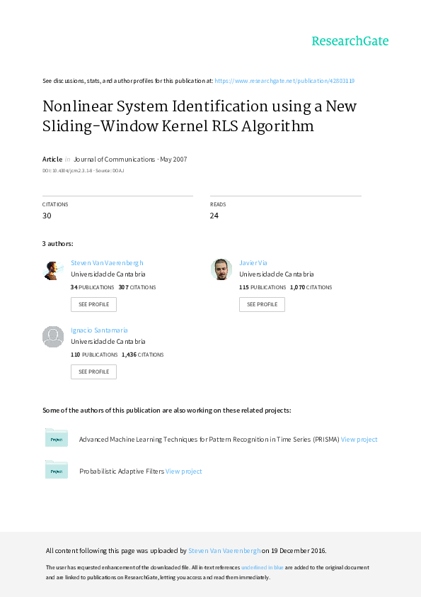 Pdf Nonlinear System Identification Using A New Sliding Window Kernel Rls Algorithm