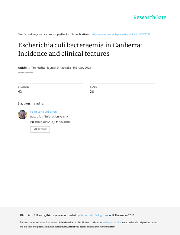 (PDF) Escherichia coli bacteraemia in Canberra: incidence and clinical ...