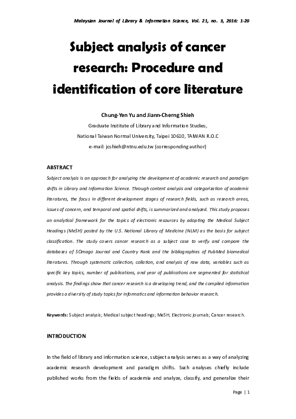 (PDF) Subject analysis of cancer research : Procedure and ...