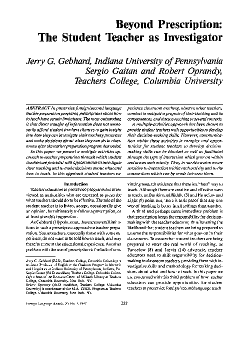 (PDF) Beyond prescription: The student teacher as investigator