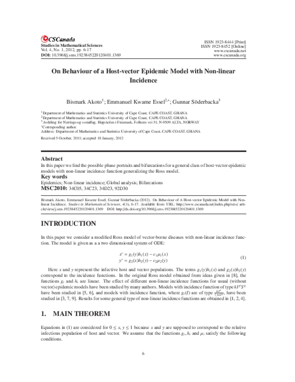 Pdf On Behaviour Of A Host Vector Epidemic Model With Non Linear
