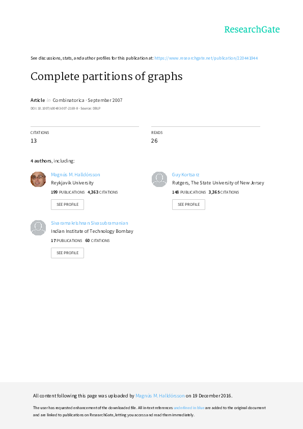(PDF) Complete partitions of graphs