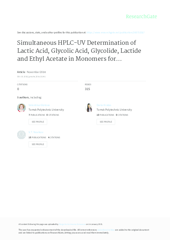 Pdf Simultaneous Hplc Uv Determination Of Lactic Acid Glycolic Acid