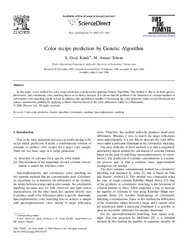 (PDF) Color recipe prediction by genetic algorithm