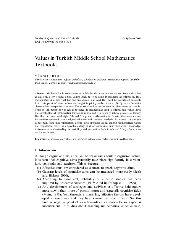 (PDF) Values in Turkish middle school mathematics textbooks