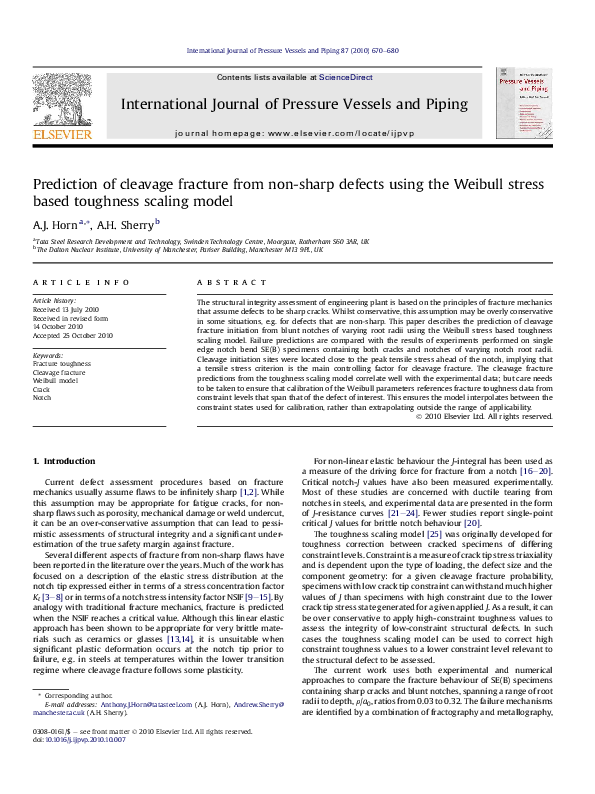 Pdf Prediction Of Cleavage Fracture From Non Sharp Defects Using The