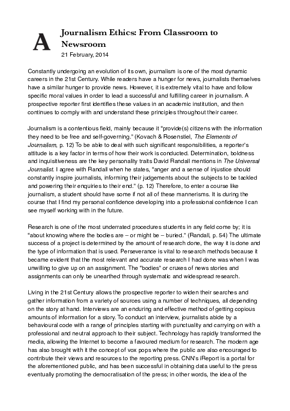 (PDF) Journalism Ethics: From Classroom to Newsroom