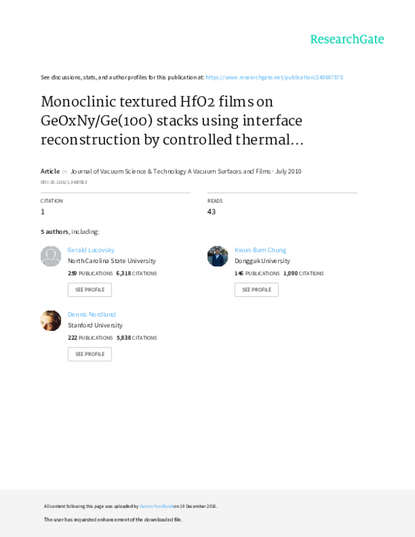 (PDF) Monoclinic textured HfO2 films on GeOxNy/Ge (100) stacks using ...