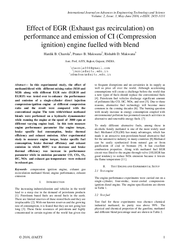 (PDF) Effect of EGR (Exhaust gas recirculation) on performance and ...