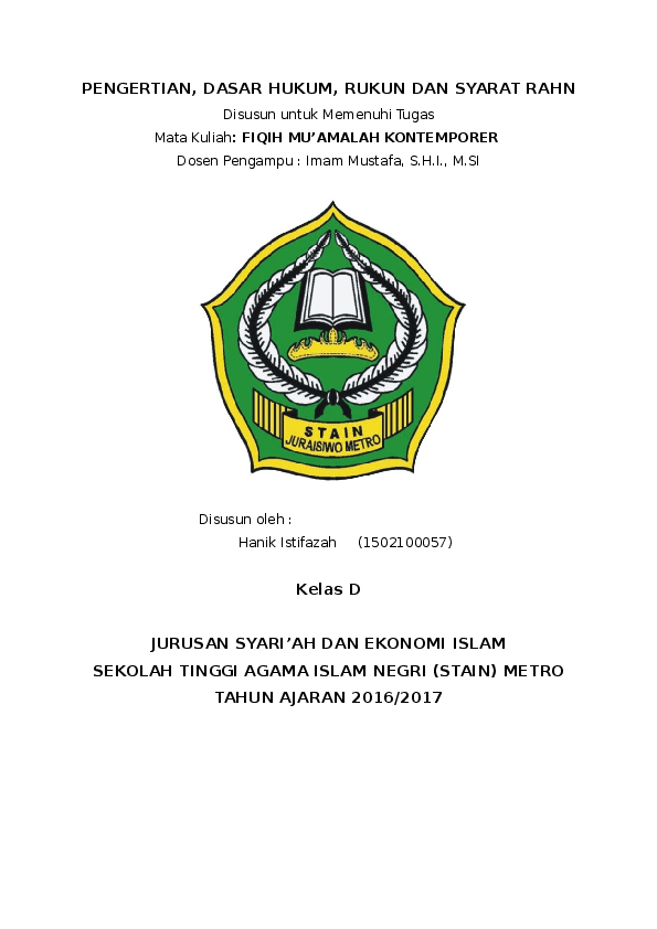 (DOC) Pengertian, Dasar Hukum, Rukun dan Syarat Rahn