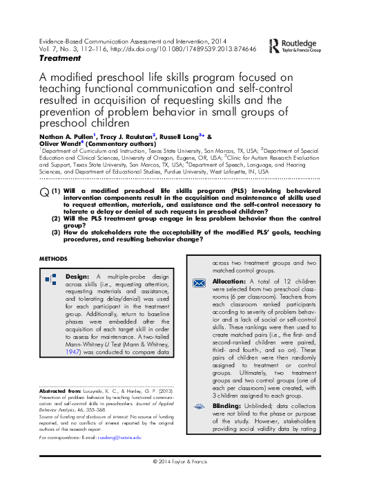 (PDF) A modified preschool life skills program focused on teaching ...