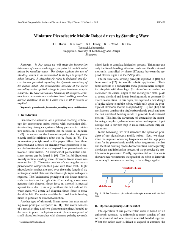 Pdf Miniature Piezoelectric Mobile Robot Driven By Standing Wave