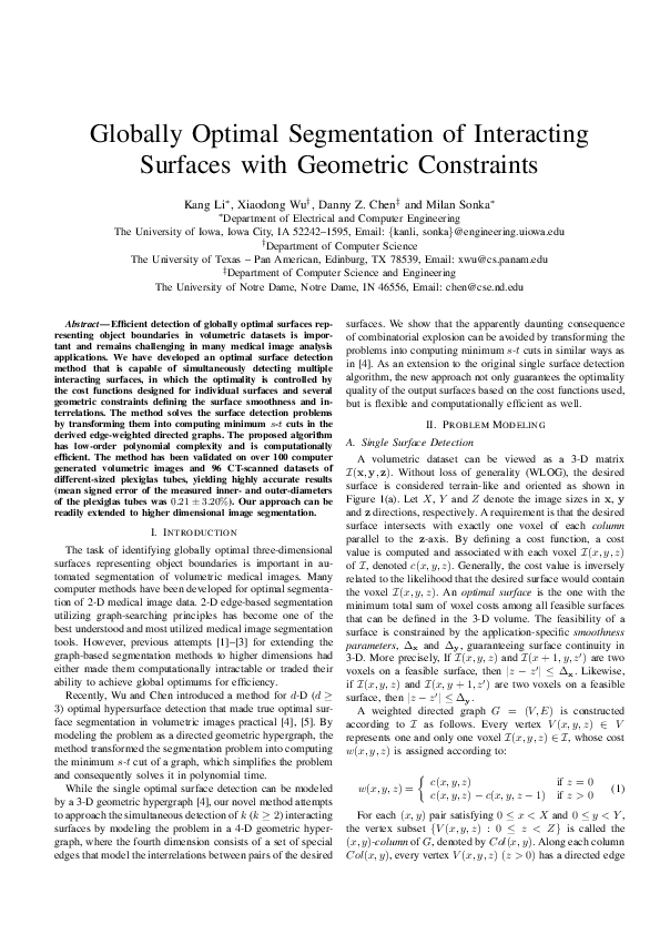 (PDF) Globally optimal segmentation of interacting surfaces with geometric constraints