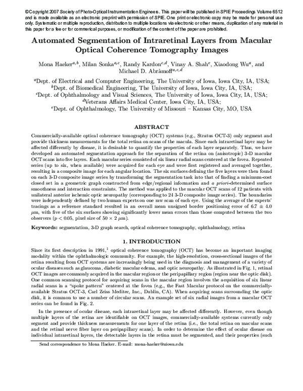 (PDF) Automated segmentation of intraretinal layers from macular optical coherence tomography images