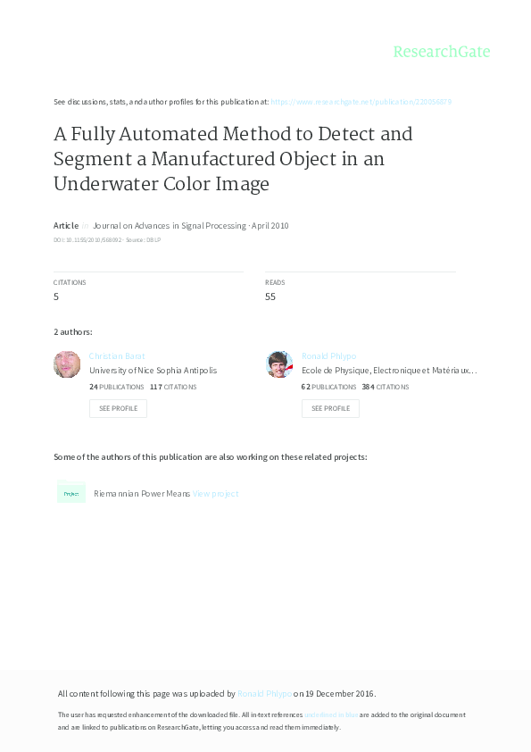 (PDF) A fully automated method to detect and segment a manufactured object in an underwater ...