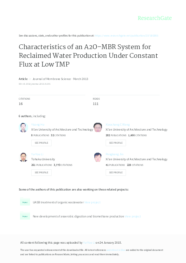 (PDF) Characteristics of an A2O–MBR system for reclaimed water production under constant flux at ...
