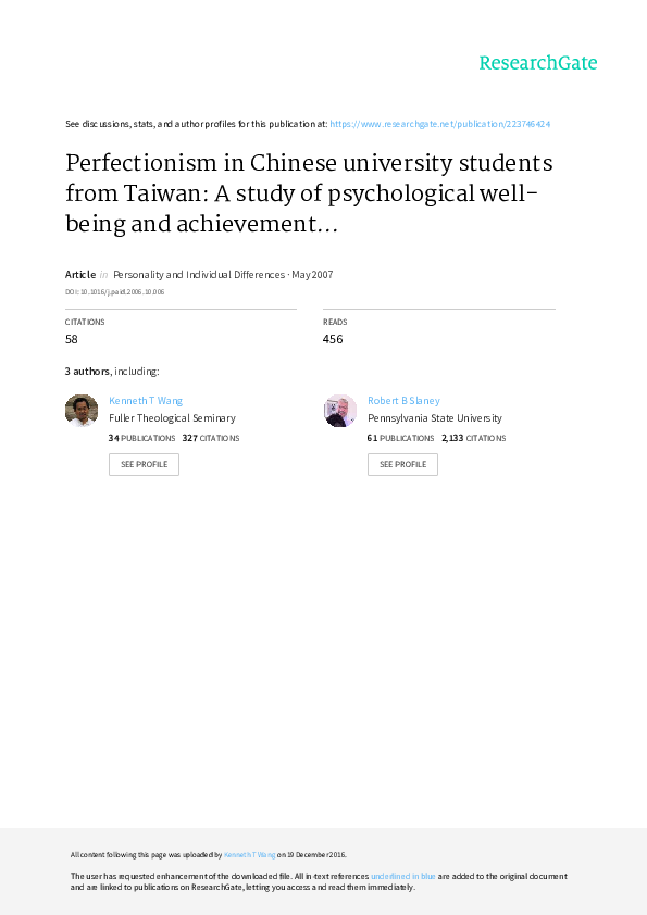 (PDF) Perfectionism in Chinese university students from Taiwan: A study ...