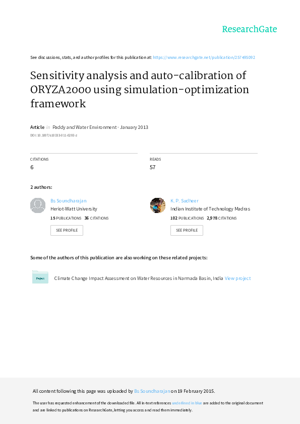 (PDF) Sensitivity analysis and auto-calibration of ORYZA2000 using simulation-optimization framework