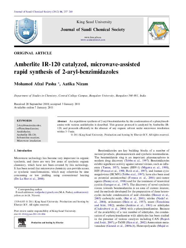 (PDF) Amberlite IR-120 catalyzed, microwave-assisted rapid synthesis of ...