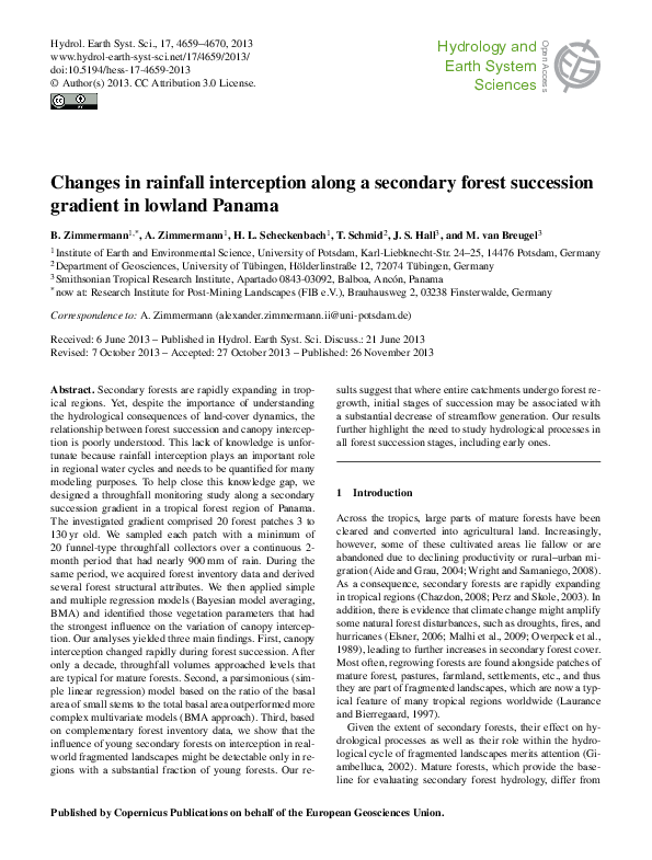 Pdf Variation In Rainfall Interception Along A Forest Succession Gradient