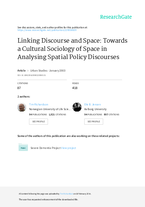 Pdf Linking Discourse And Space Towards A Cultural Sociology Of Space In Analysing Spatial