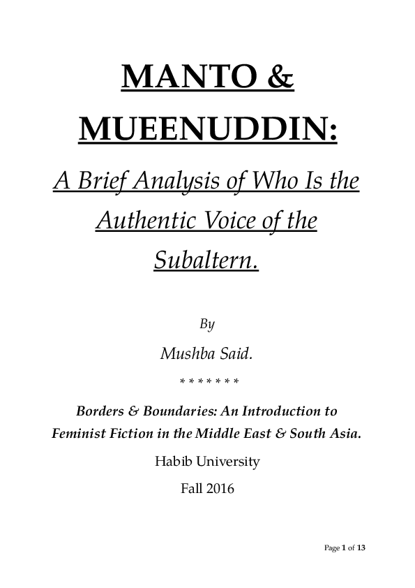 (DOC) Manto & Mueenuddin: Who Was the Authentic Voice of the Subaltern?