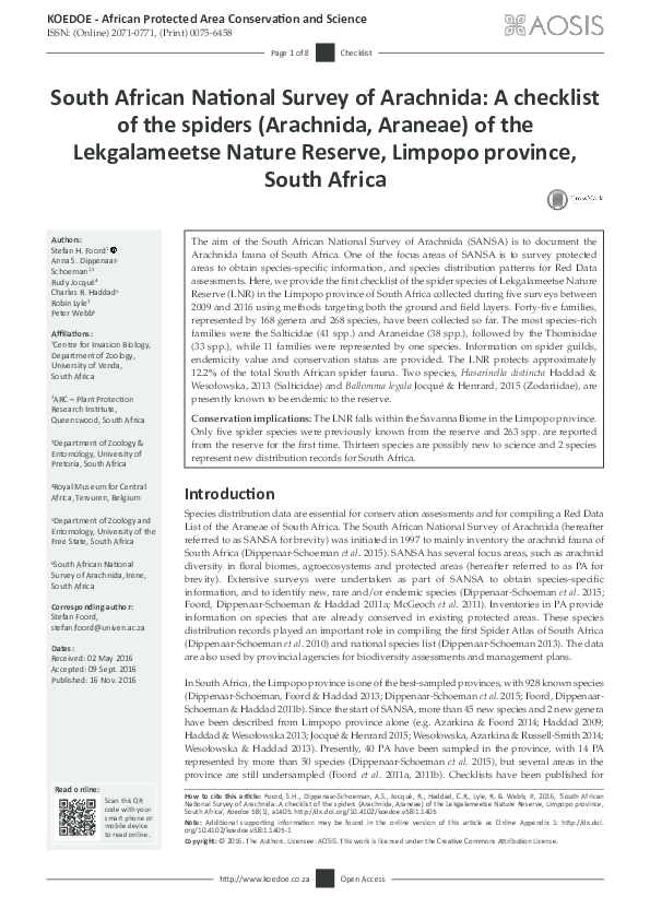 (PDF) South African National Survey of Arachnida: A checklist of the ...