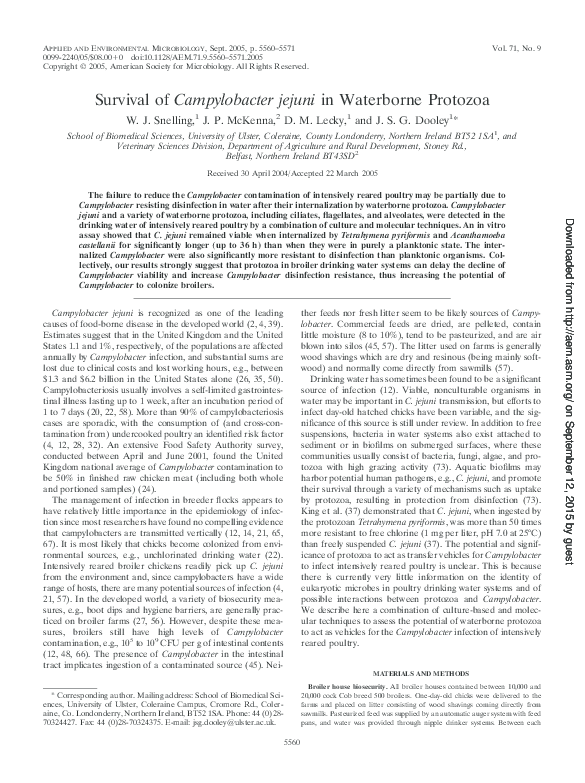 (PDF) Survival of Campylobacter jejuni in Waterborne Protozoa | Donna ...