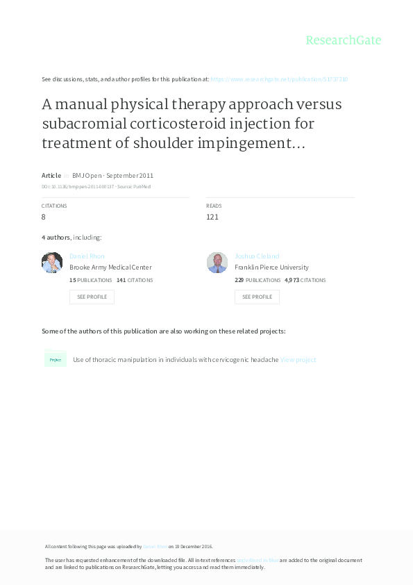Pdf A Manual Physical Therapy Approach Versus Subacromial Corticosteroid Injection For