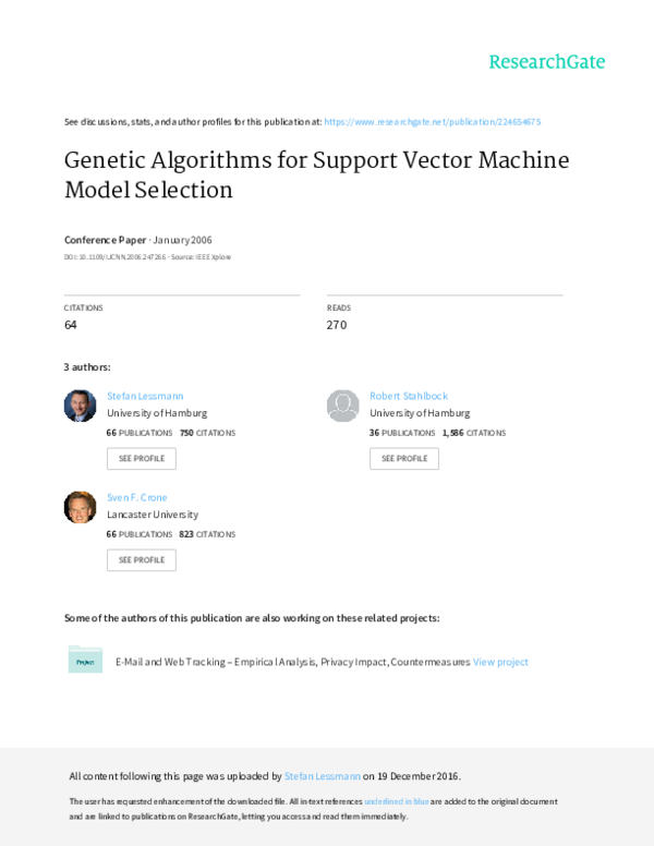 (PDF) Genetic Algorithms for Support Vector Machine Model Selection