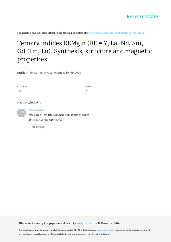 (PDF) Ternary indides REMgIn (RE = Y, La-Nd, Sm, Gd-Tm, Lu). Synthesis, structure and magnetic ...