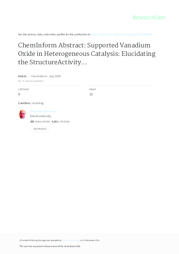 (PDF) ChemInform Abstract: Supported Vanadium Oxide in Heterogeneous Catalysis: Elucidating the ...