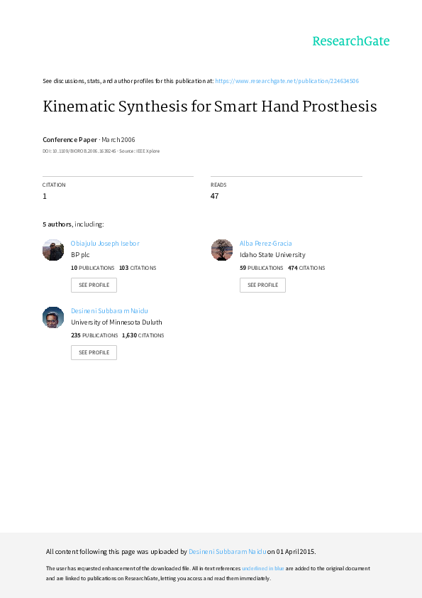 (PDF) Kinematic synthesis for smart hand prosthesis