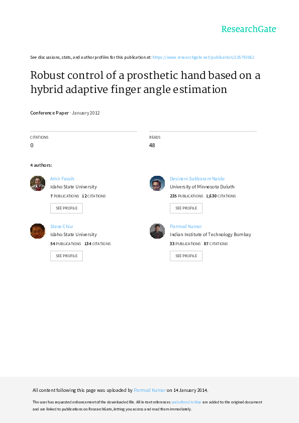 (PDF) Robust control of a prosthetic hand based on a hybrid adaptive finger angle estimation ...