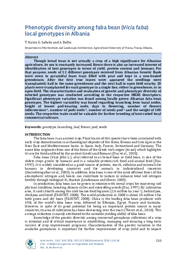 (PDF) Phenotypic diversity among faba bean (Vicia faba) local genotypes in Albania | Astrit ...