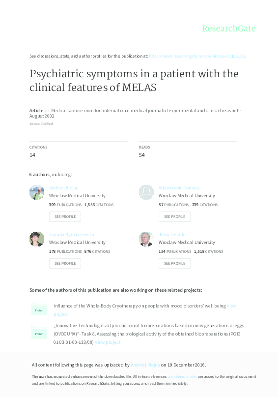 (PDF) Psychiatric symptoms in a patient with the clinical features of MELAS