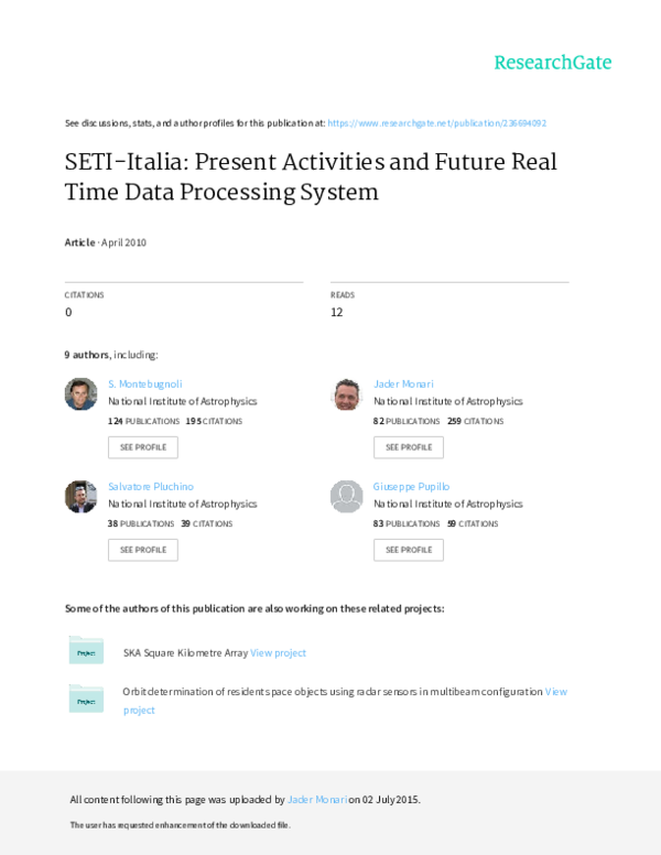 (PDF) SETI-Italia: Present Activities and Future Real Time Data Processing System