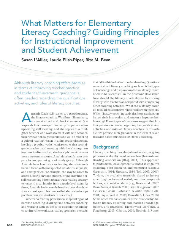 (PDF) What Matters for Elementary Literacy Coaching? Guiding Principles ...