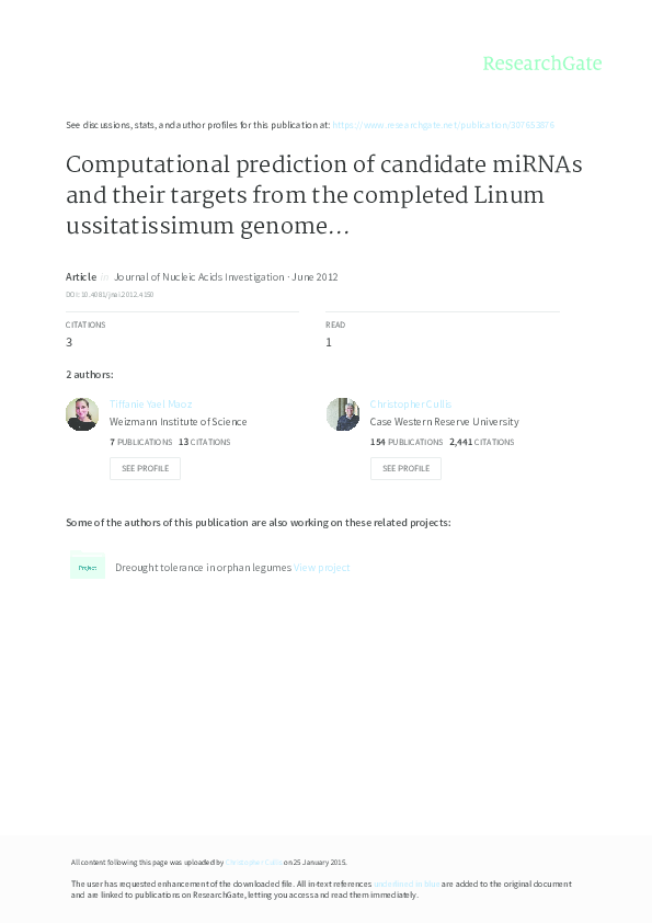 Pdf Computational Prediction Of Candidate Micrornas And Their Targets
