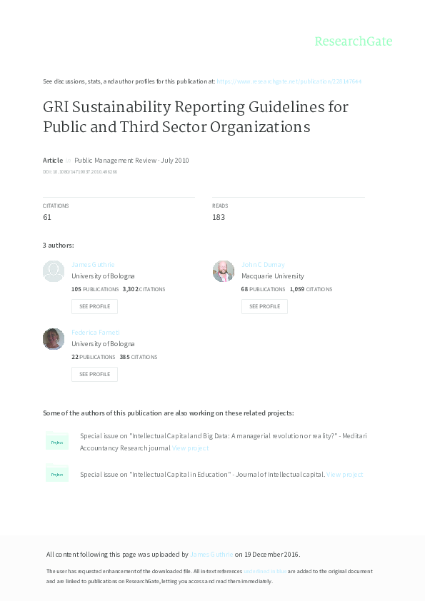 (PDF) GRI sustainability reporting guidelines for public and third ...